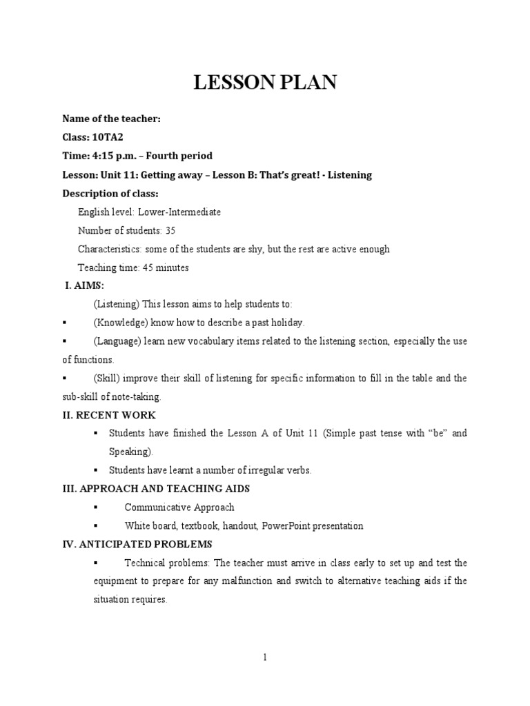 Listening Lesson Plan Example | PDF | Question | Teachers