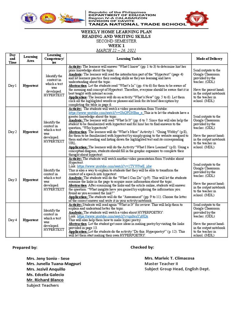 Weekly Home Learning Plan Reading and Writing Skills Week 1: Second ...