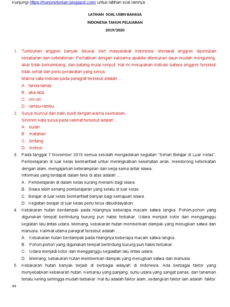 Soal Un SD Bahasa Indonesia 2020 | PDF