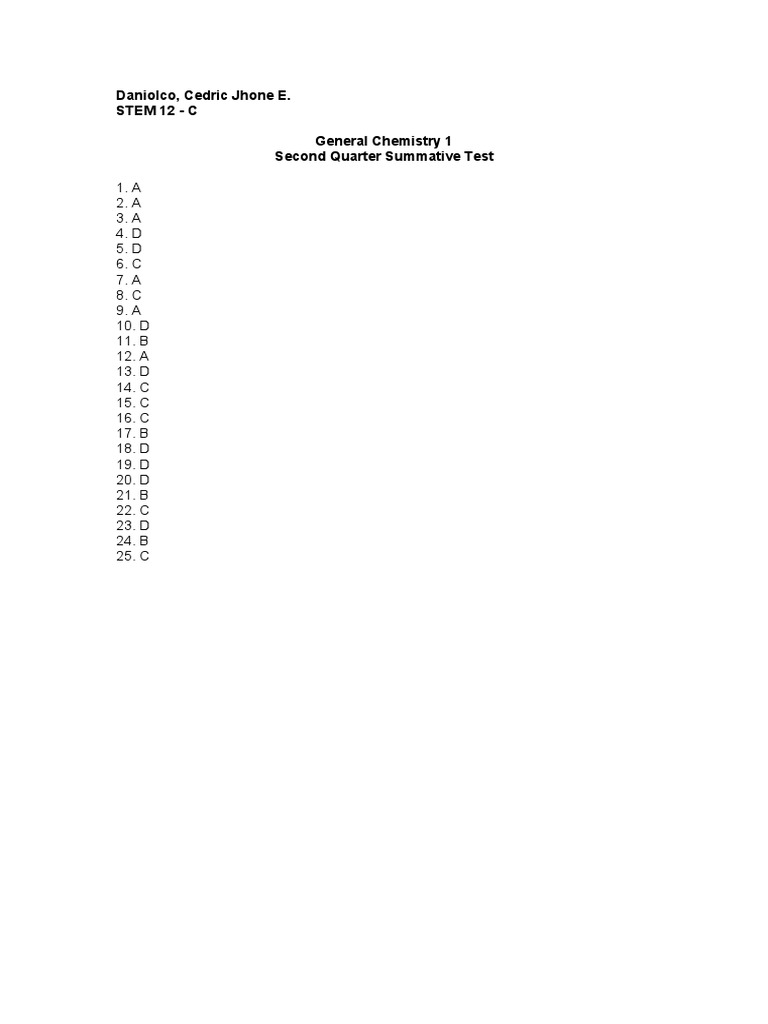 Daniolco, Cedric Jhone E. - General Chemistry SUMMATIVE TEST Q2 | PDF ...