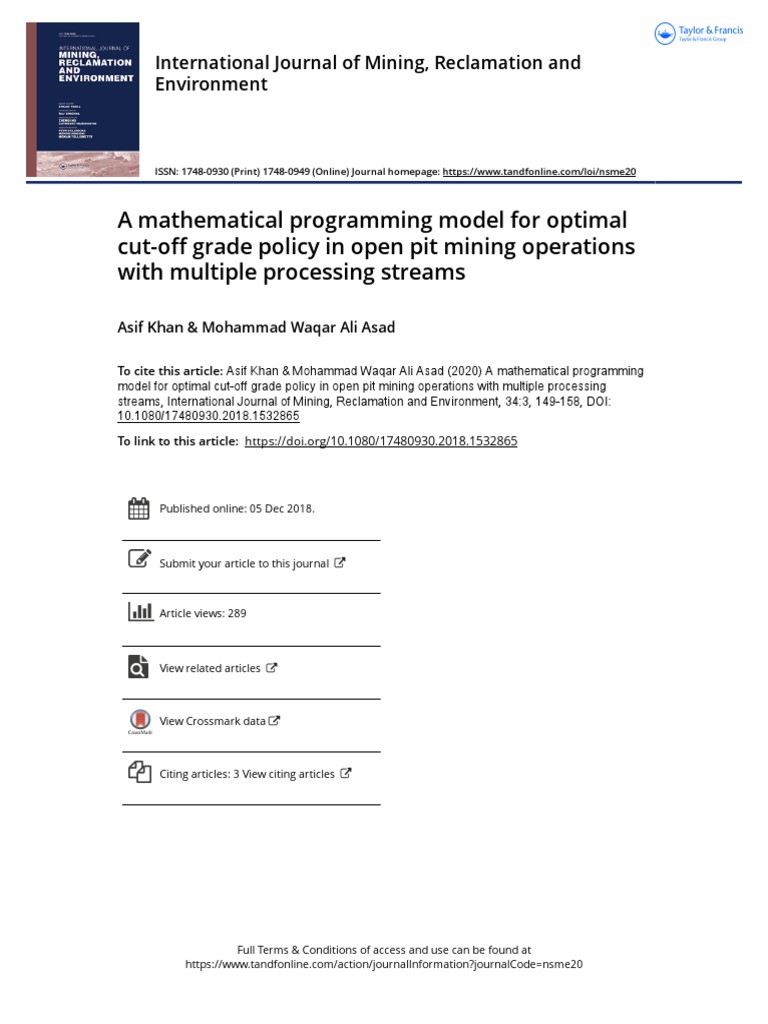 A Mathematical Programming Model For Optimal Cut Off Grade Policy in Open Pit Mining Operations ...