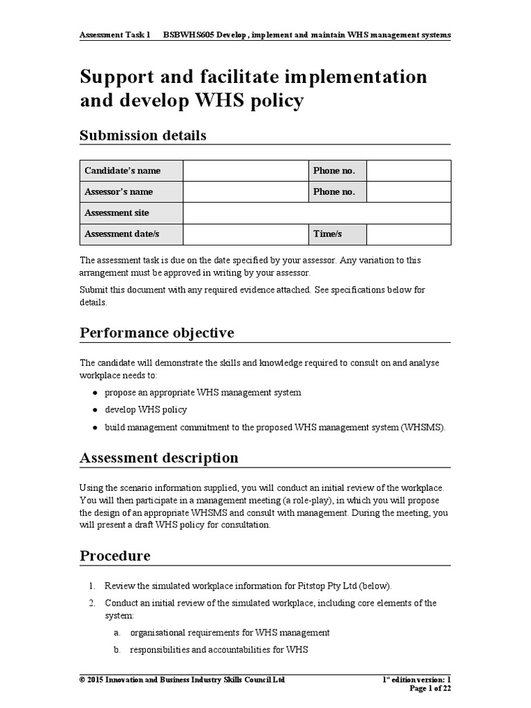Support and Facilitate Implementation and Develop WHS Policy | PDF ...