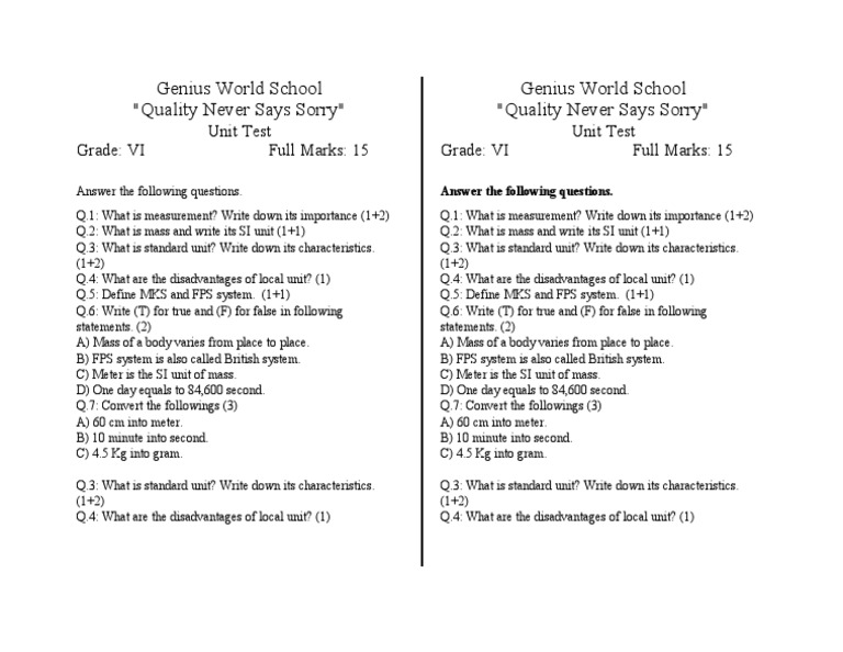 Unit Test Grade 6 - Week - 3 | PDF