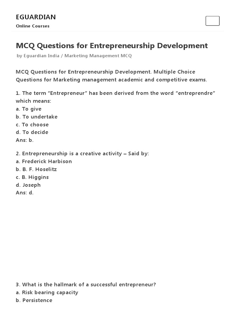 MCQ Questions For Entrepreneurship Development | PDF | Entrepreneurship ...