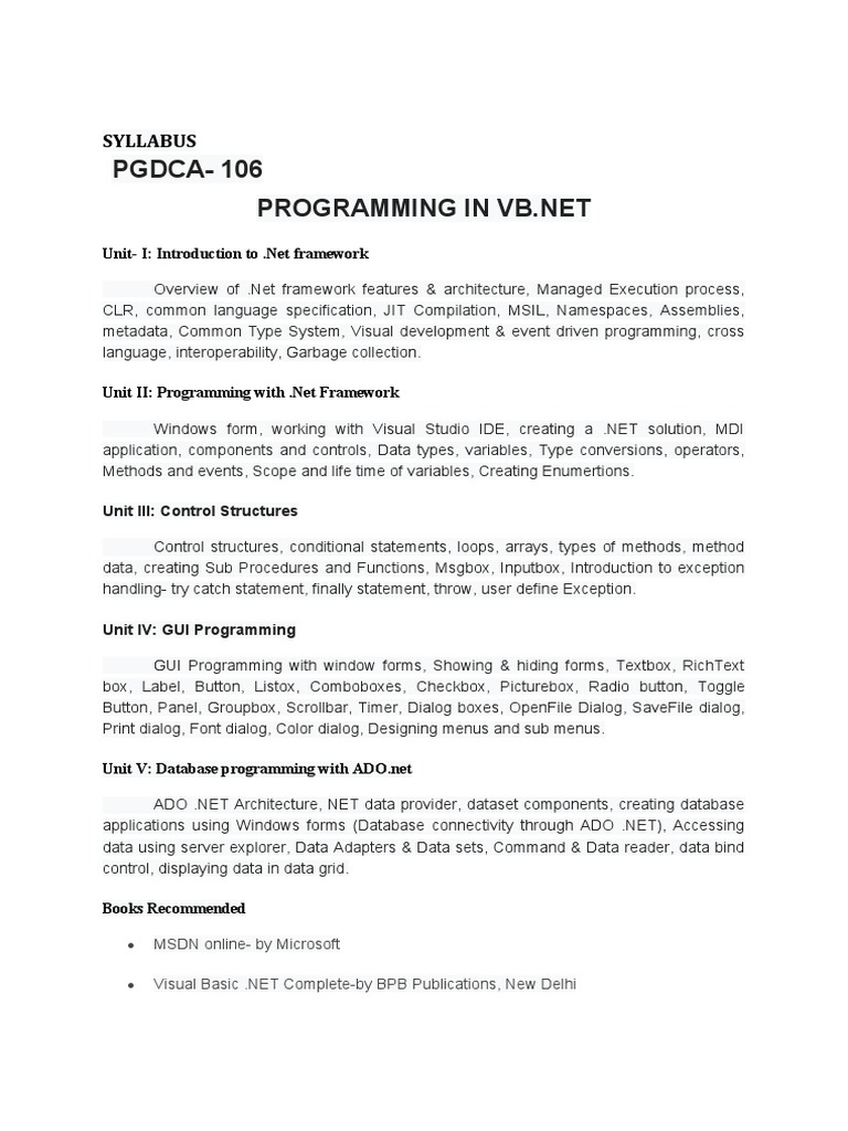 Vbnet Syllabus Guide With Answers For Introduction To Net Framework 8144