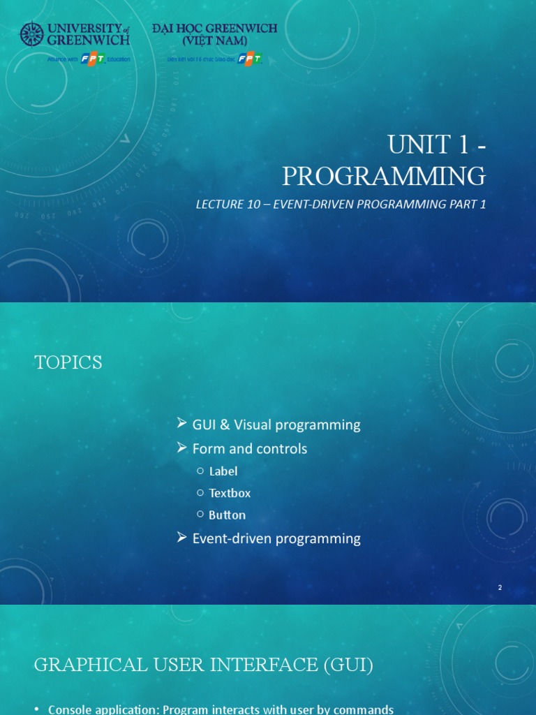 Unit 1 Programming Lecture 10 Event Driven Programming Part 1 Pdf Graphical User