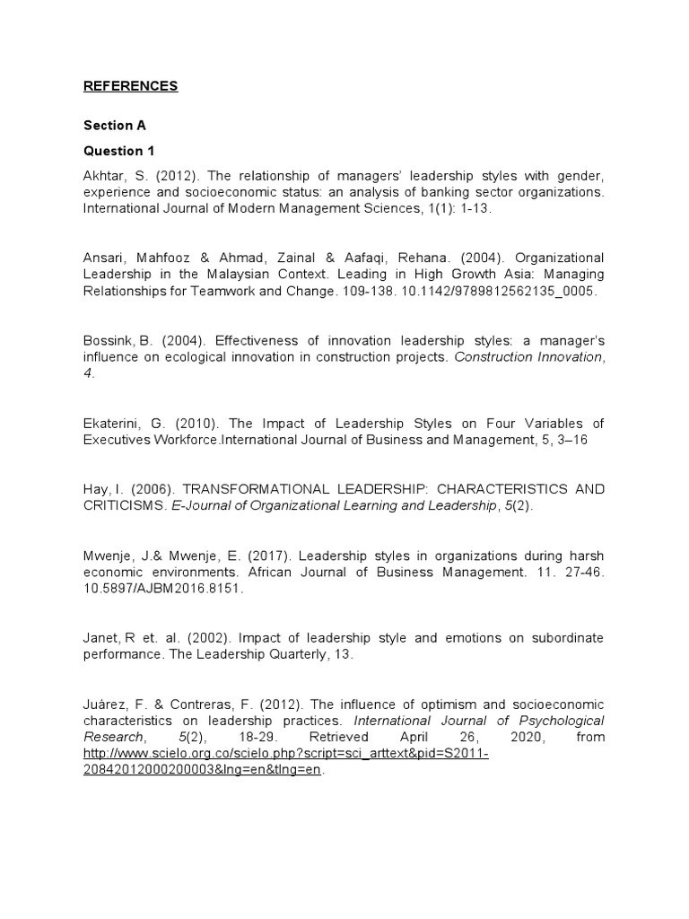 References Section A | PDF | Transformational Leadership | Leadership