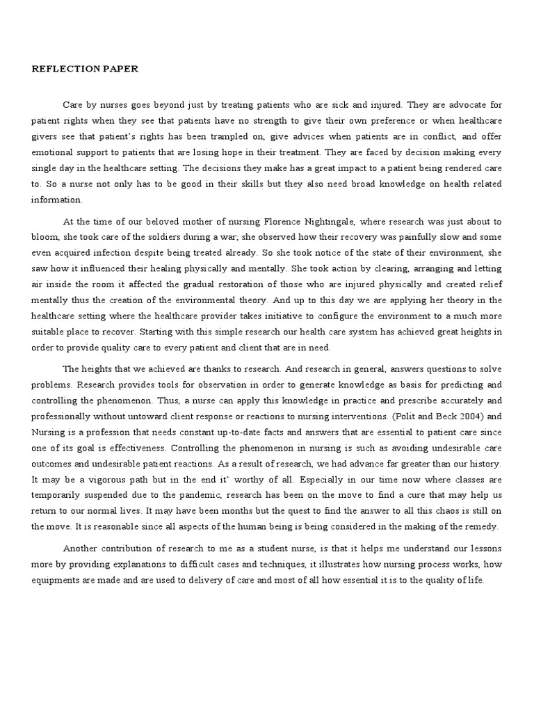 Reflection Paper | PDF | Health Care | Nursing