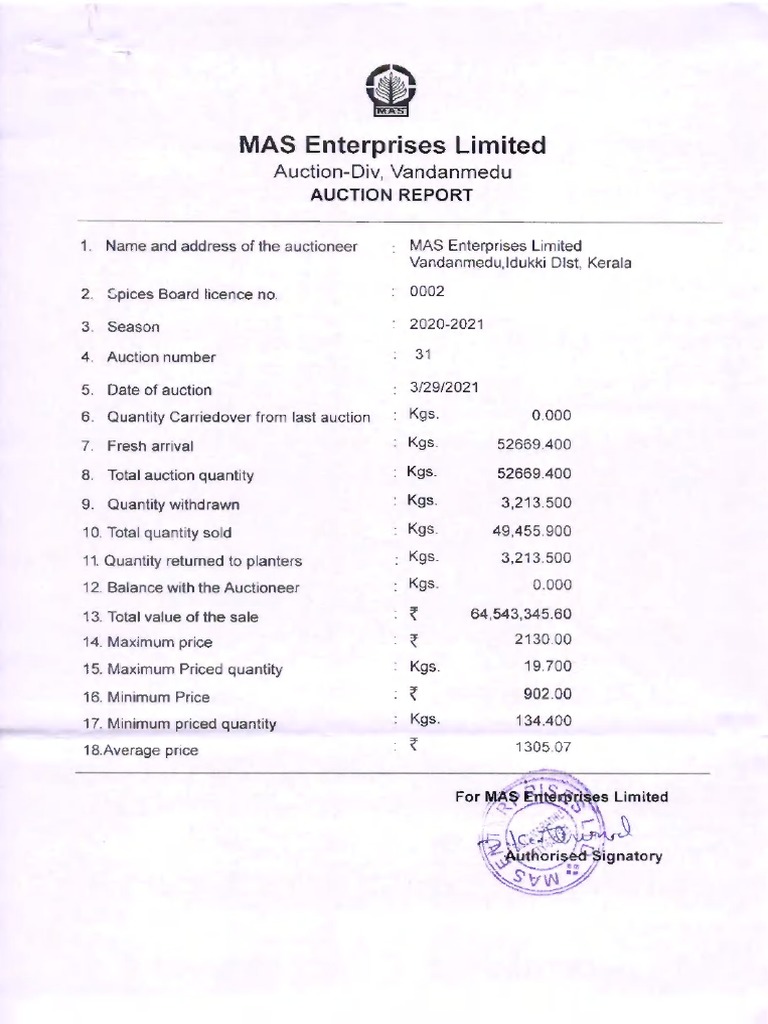 MAS Enterprises Limited Auction Report and Bidders Statement | PDF ...