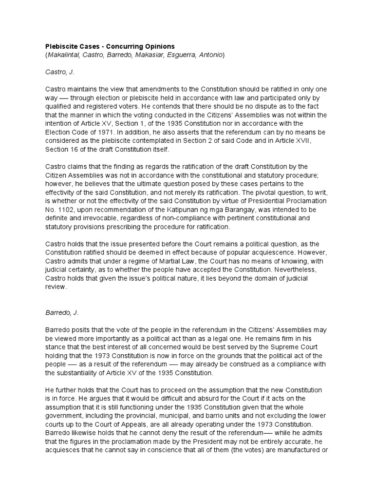 Plebiscite Cases - Concurring Opinions | PDF | Ratification | Constitution