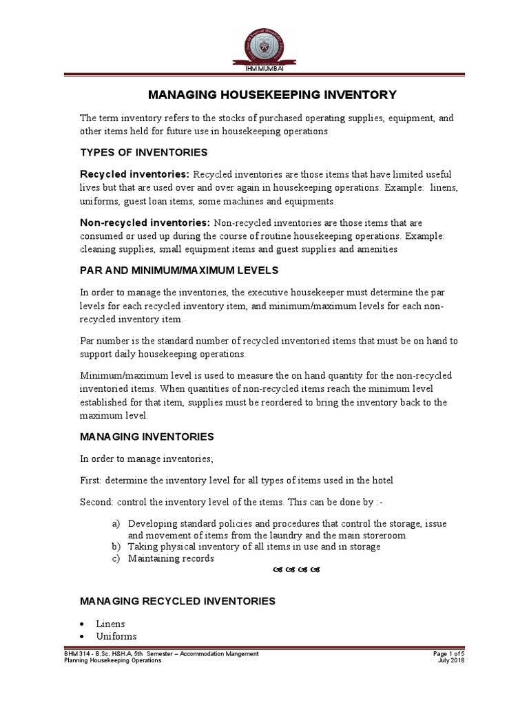 Managing Housekeeping Inventory: Ihm Mumbai | PDF | Linens | Inventory