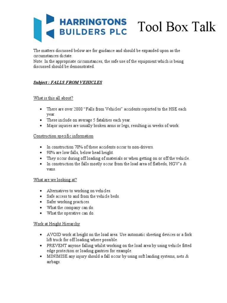 TOOLBOX TALK No 2 - Falls From Vehicles | PDF | Transport | Safety
