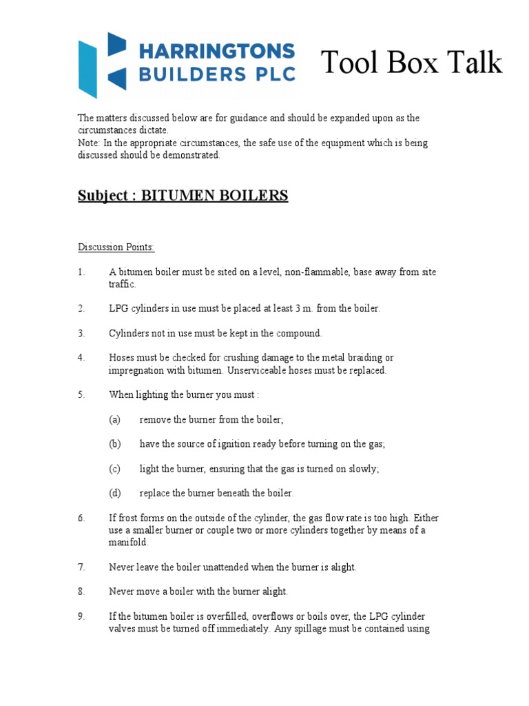 TOOLBOX TALK No 6 - Bitumen Boilers | PDF