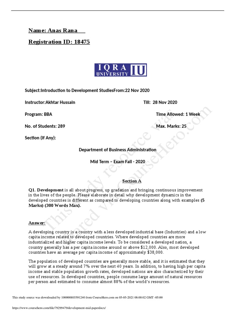This Study Resource Was: Name: Anas Rana Registration ID: 18475 | PDF ...