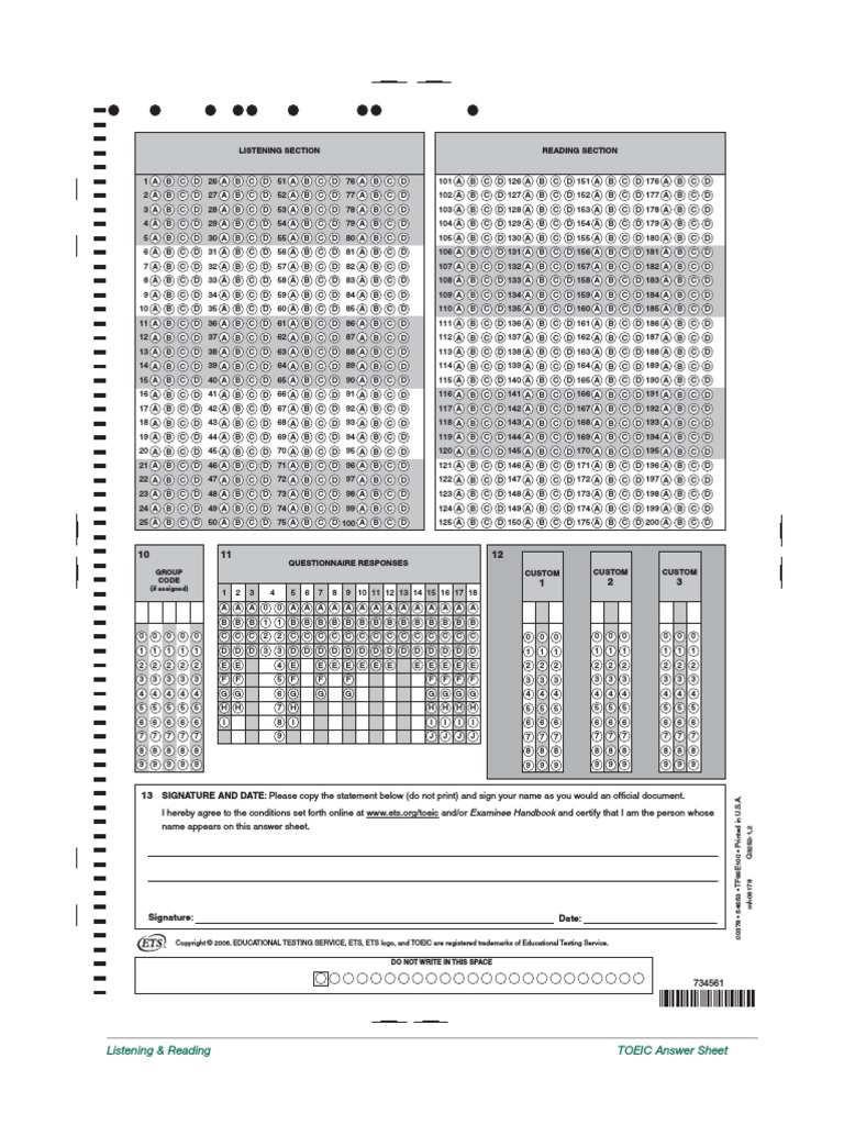 Toeic Answer Sheet | PDF | Tests standardisés | Brevet