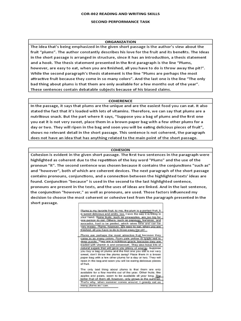 Cor-002 Reading and Writing Skills Second Performance Task: Cohesion | PDF | Linguistics | Cognition