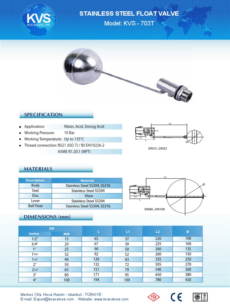 Stainless Steel Float Valve KVS-703T | PDF | Valve | Stainless Steel