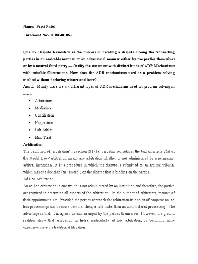 ADR Answer Sheet | PDF | Alternative Dispute Resolution | Mediation