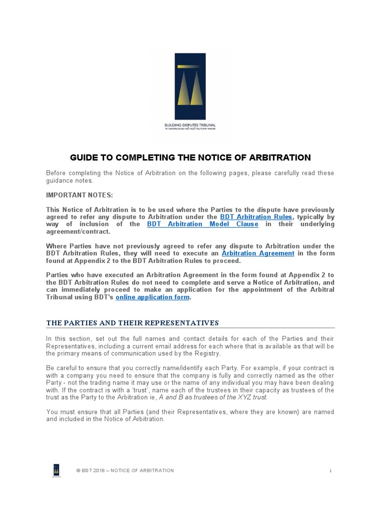 Guide To Completing The Notice of Arbitration: The Parties and Their ...