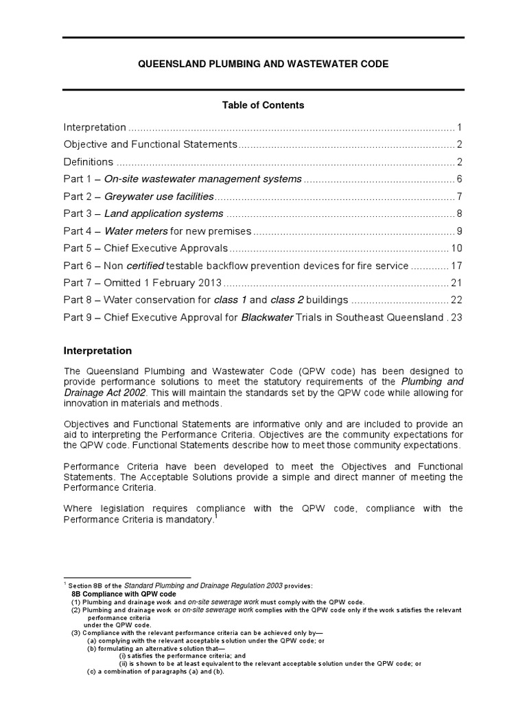 Queensland Plumbing and Wastewater Code: Interpretation | PDF | Sewage ...