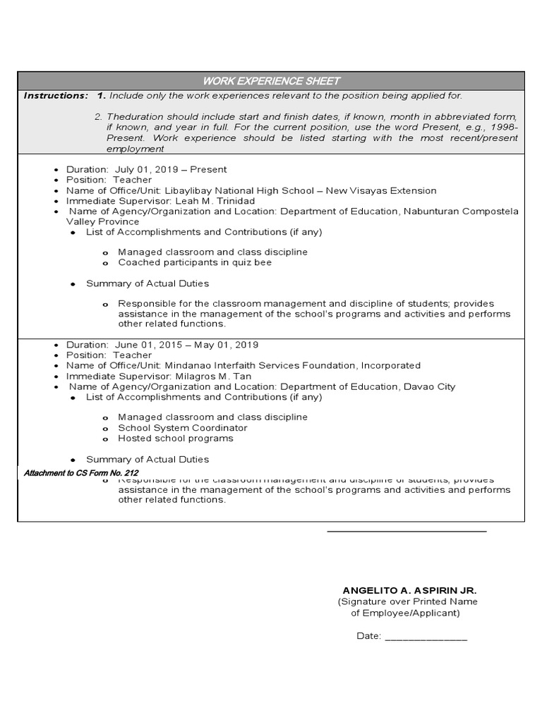 CS Form No. 212 Attachment - Work Experience Sheet | PDF | Teaching ...