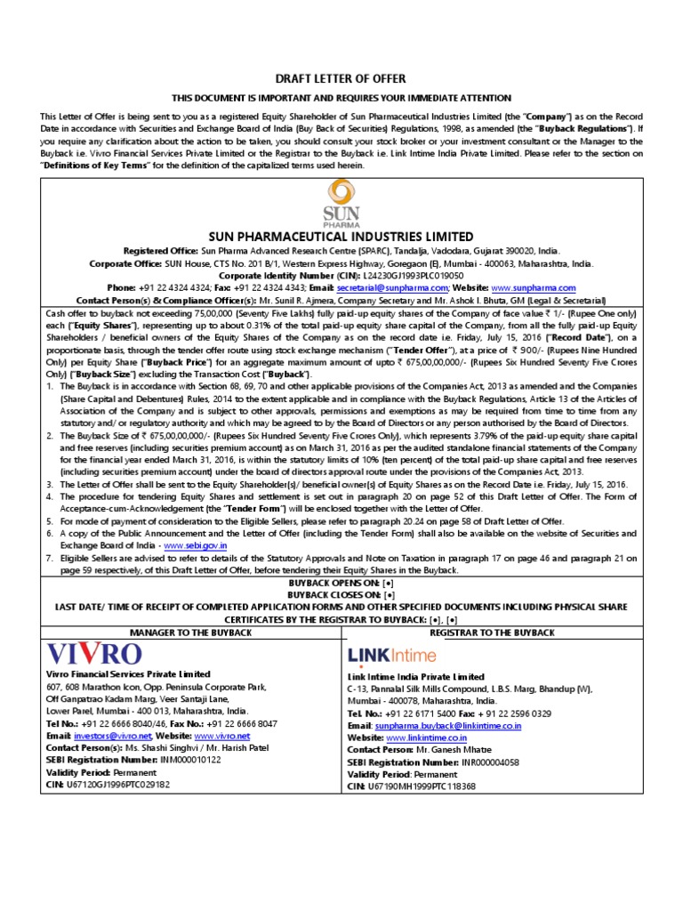 Sun Pharma Buyback Offer Letter | PDF | Share Repurchase | Stocks