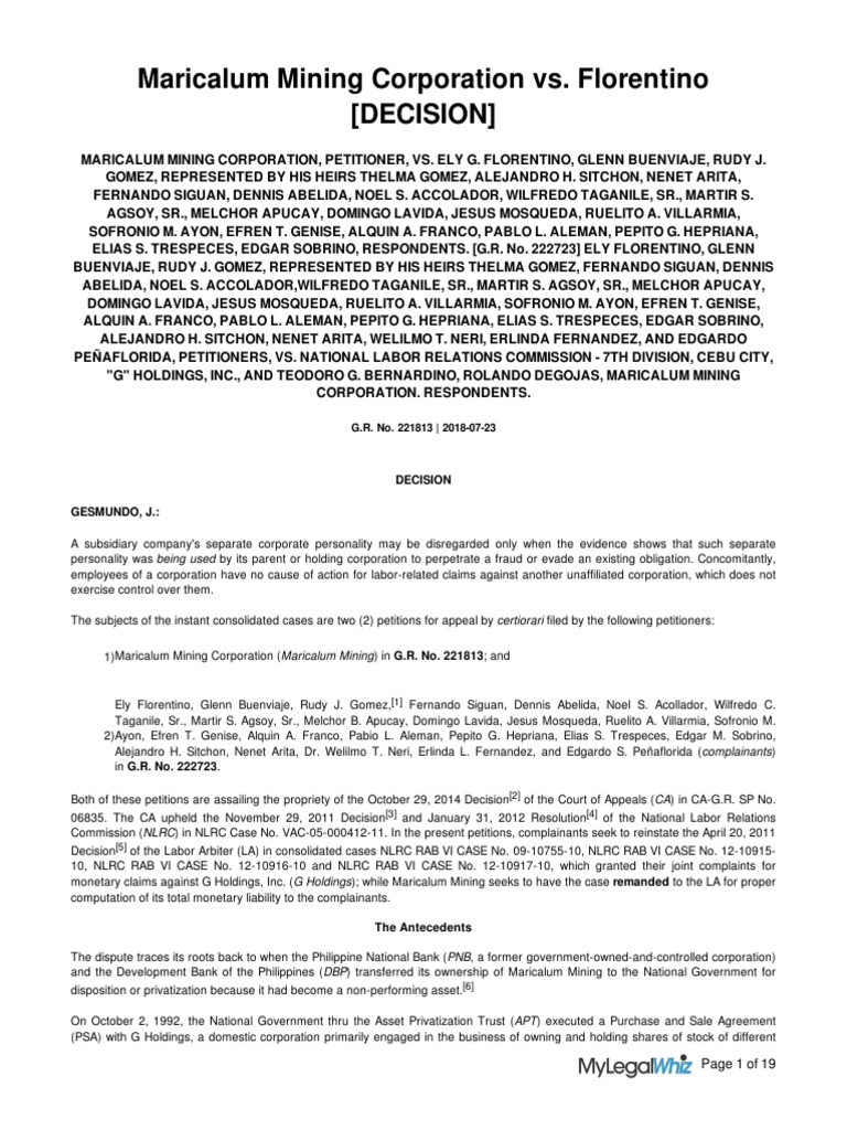 Maricalum Mining Labor Dispute Overview | PDF | Piercing The Corporate ...