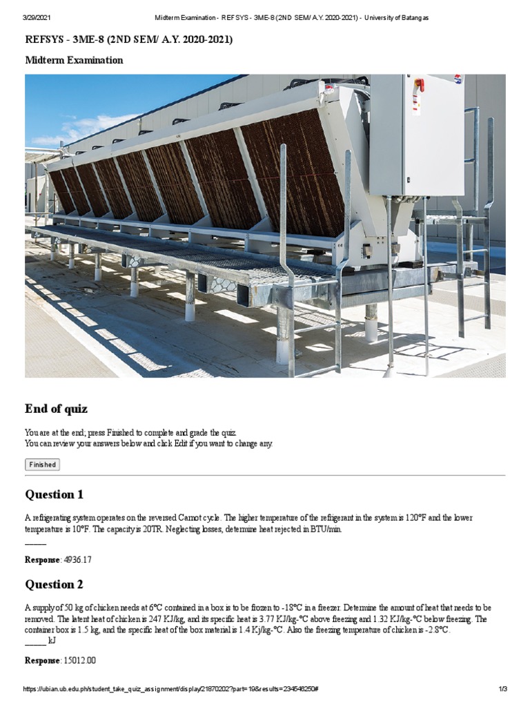 REFSYS - 3ME-8 (2ND SEM/ A.Y. 2020-2021) Midterm Examination | PDF | Refrigerator | Refrigeration