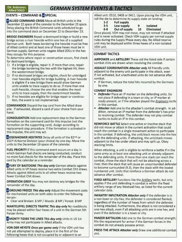 Enemy Action Ardennes - Solo Allied - Events and Tactics | PDF