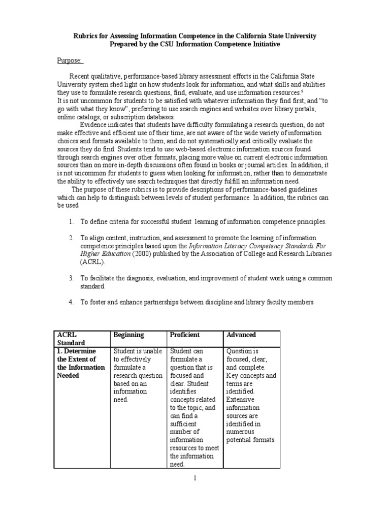 Rubrics For Assessing Information Competence in The California State ...