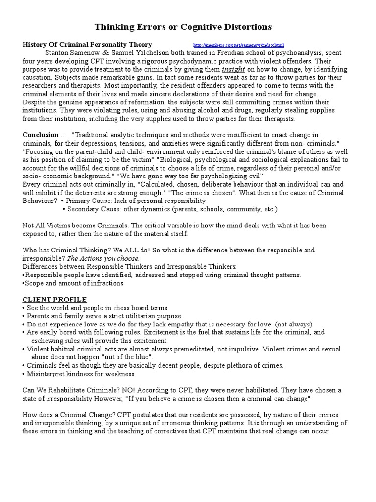 Thinking Errors Approach CPT History Handout | PDF | Crime & Violence ...
