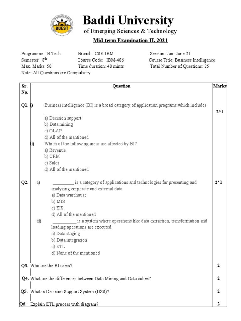 MST-II of BI | PDF | Data Warehouse | Data Analysis