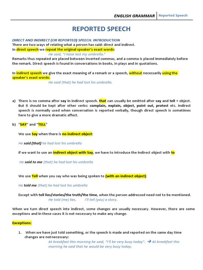 Reported Speech | PDF | Question | Semantics