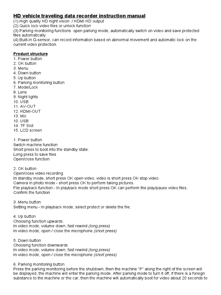 HD Vehicle Traveling Data Recorder Instruction Manual: Product ...
