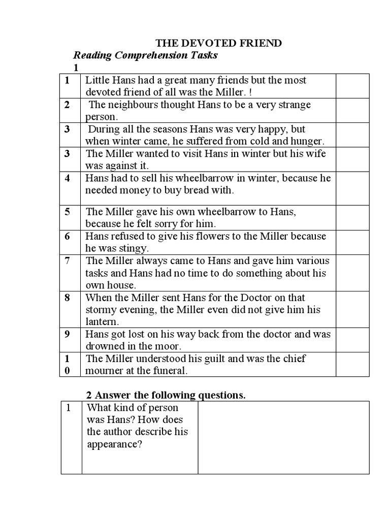 Reading Comprehension Tasks: The Devoted Friend 1 1 2 3 3 4 5 6 7 | PDF ...