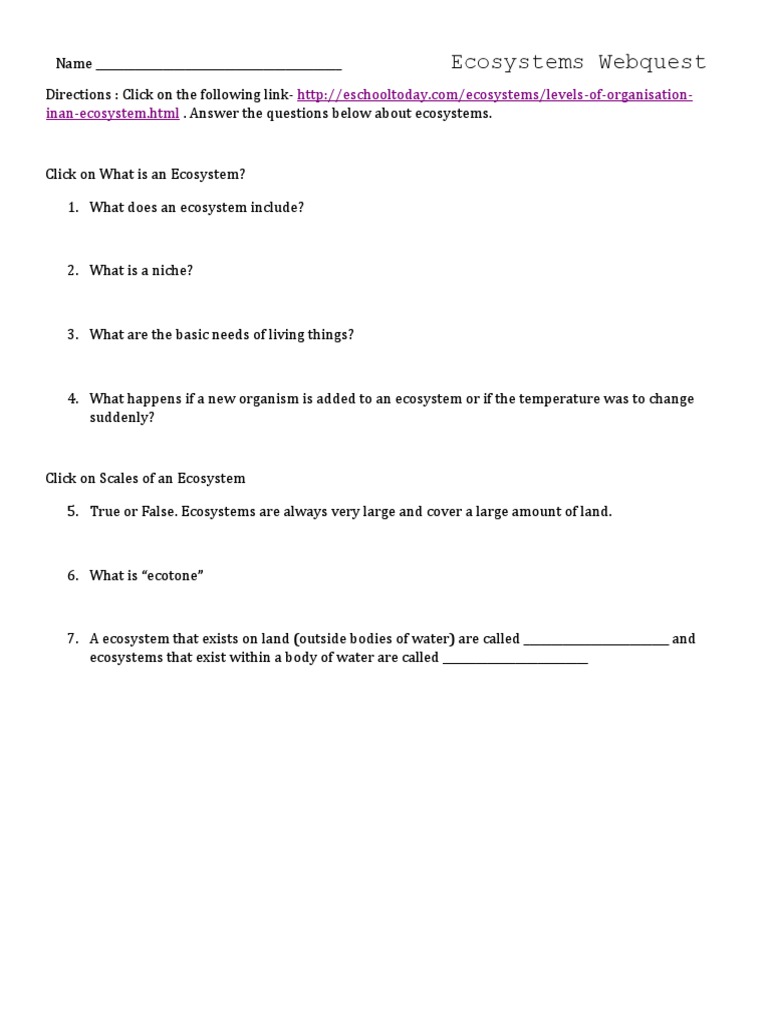 Ecosystems Webquest: - of - Organisation - in An - Ecosystem - HTML | PDF
