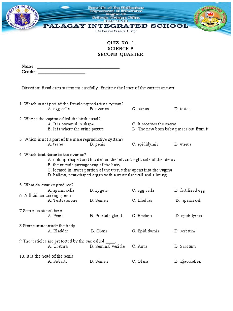 Quiz No. 1 Science 5 Second Quarter Name: - Grade | PDF | Reproductive ...