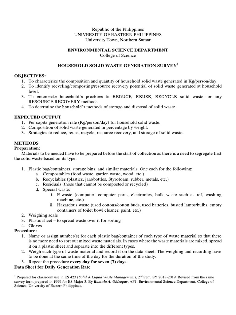 Household Solid Waste Survey Philippines | PDF | Recycling | Electronic ...