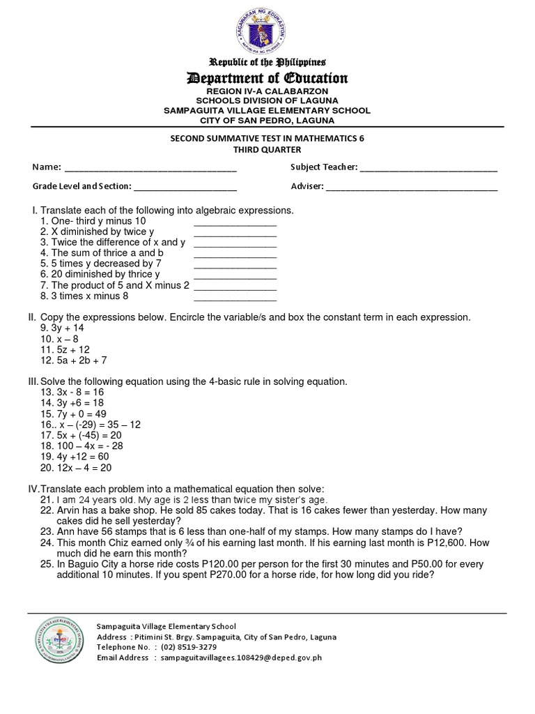 Department of Education: Republic of The Philippines | PDF | Equations ...