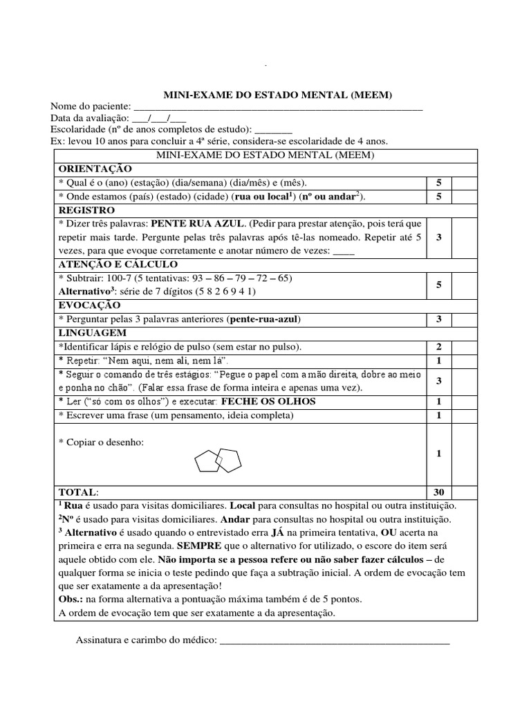 Mini-exame do Estado Mental (MEEM): Avaliação de Orientação, Atenção ...