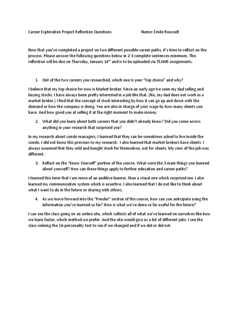 Career Exploration Reflection Insights | PDF