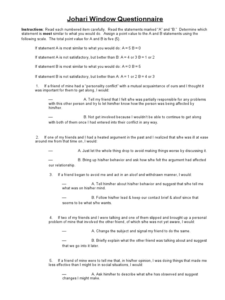 Johari Window Questionnaire Guide | PDF | Social Psychology | Psychology