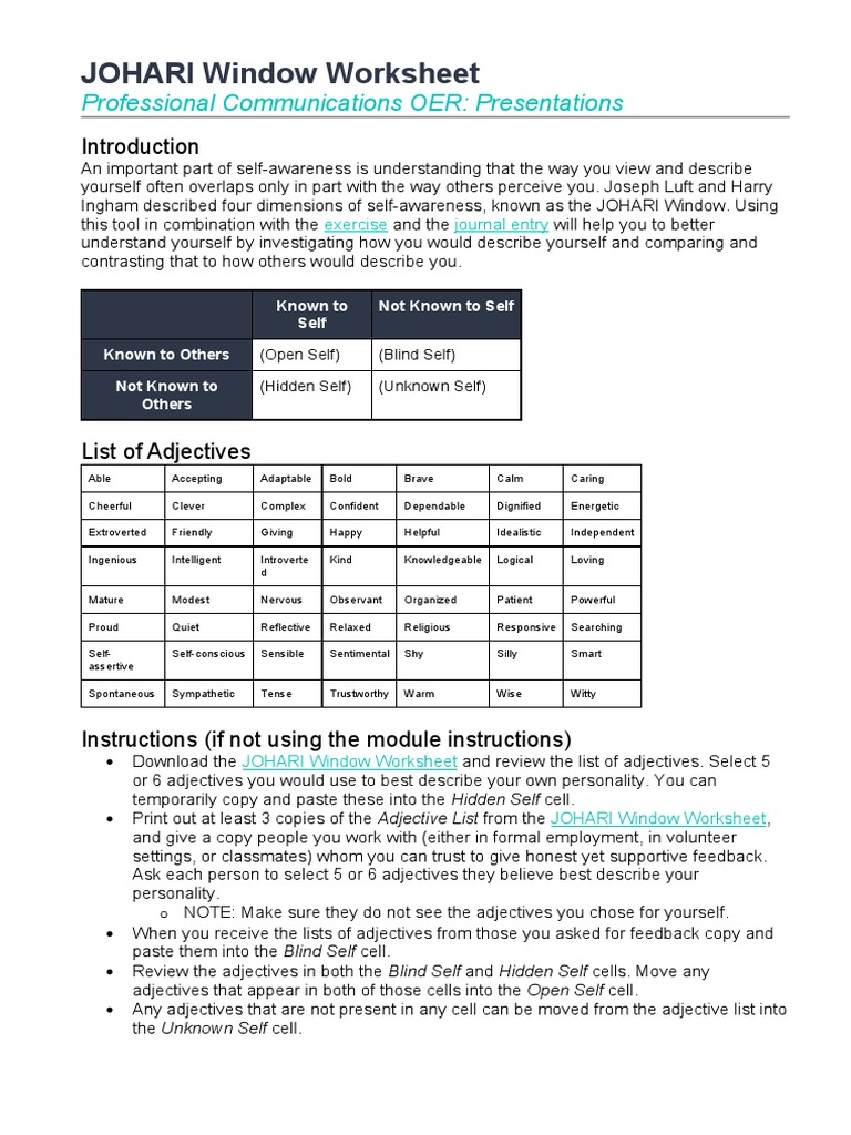JOHARI Window Worksheet | PDF | Self Awareness | Psychology