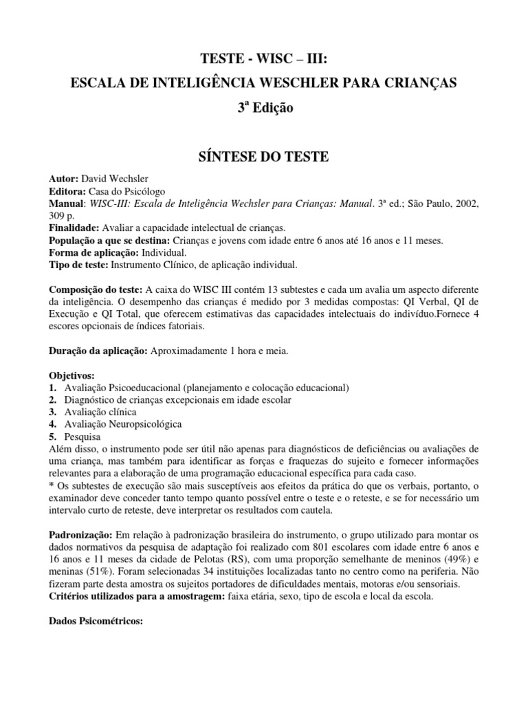 Apostila Wisc-III - 2015 | PDF | Quociente de inteligência | Memória