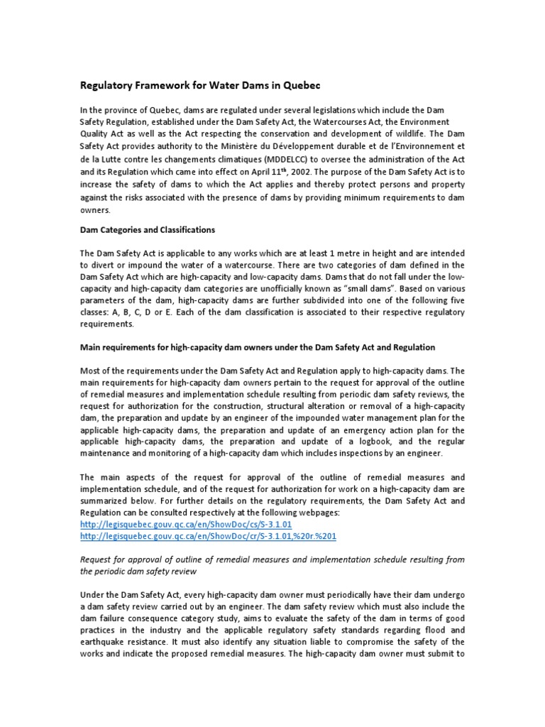 Quebec Water Dam Regulations Overview | PDF | Dam | Safety