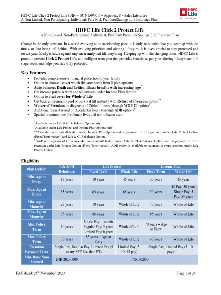 HDFC Life Click 2 Protect Life - Product Brochure PDF | PDF