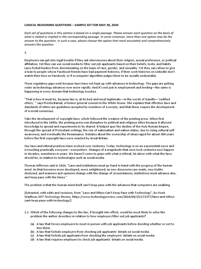 Logical Reasoning Questions - Sample Set For May 30, 2020 | PDF ...