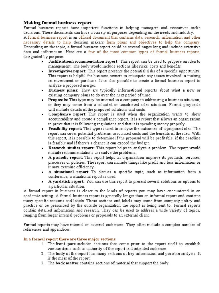 Making Formal Business Report: in A Formal Report There Are Three Major ...