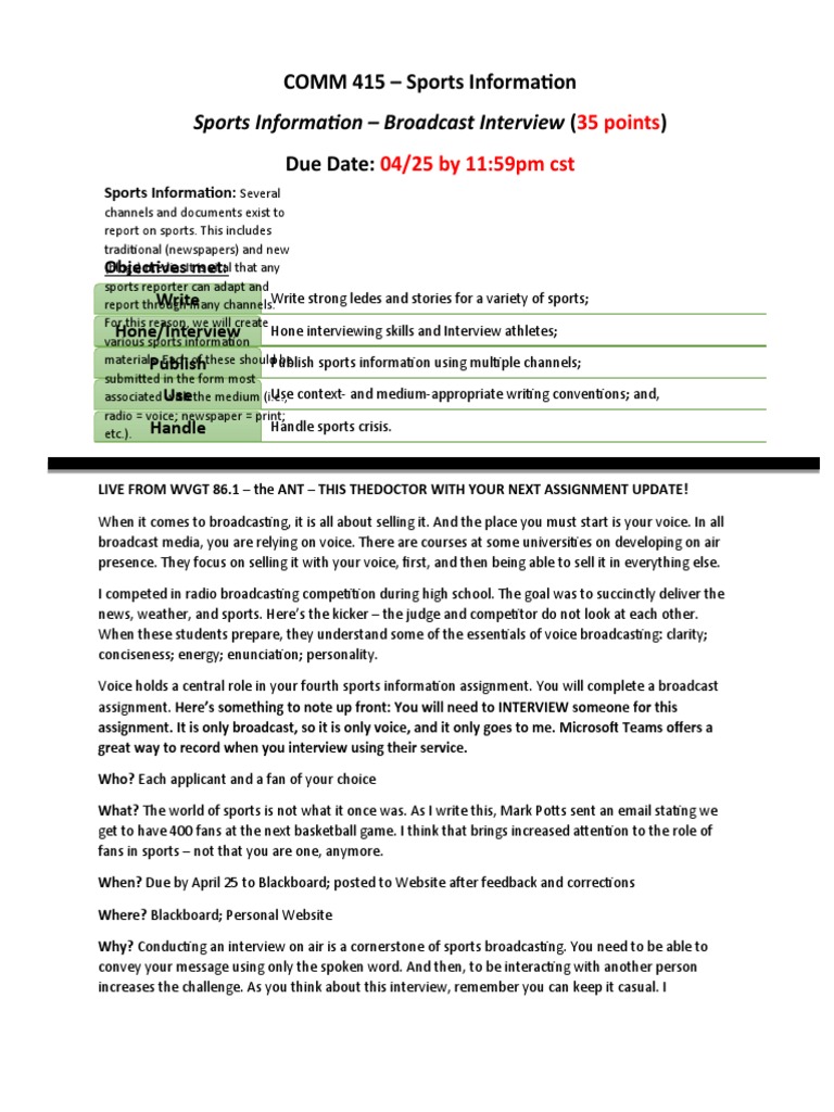 COMM 415 Sports Broadcast Assignment | PDF | Interview | Sports