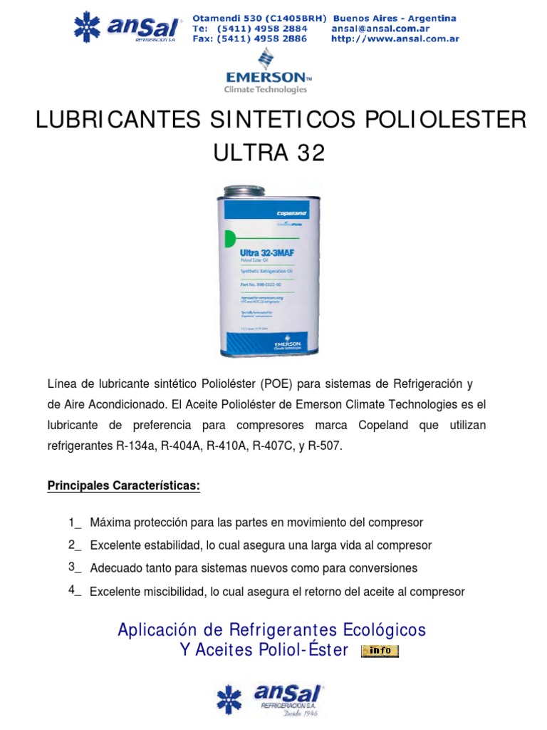 Aceite Polyolester Ultra 32-3 Maf Copeland | PDF